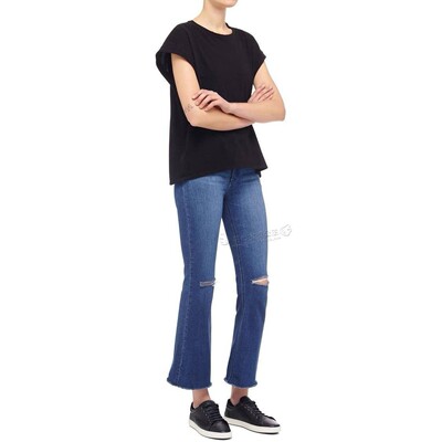 现货Nobody Denim高腰蓝色双膝破洞毛边显瘦腿长九分喇叭牛仔裤女