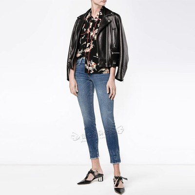 现货 Frame Denim江疏影中腰蓝色毛边瘦紧身九分直筒小脚牛仔裤女