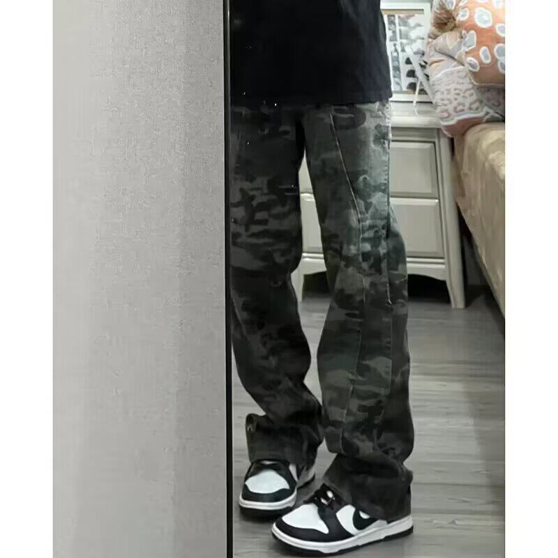 美式复古迷彩裤男春秋新款提档牛仔裤拼接水洗百搭伐木工装直筒裤