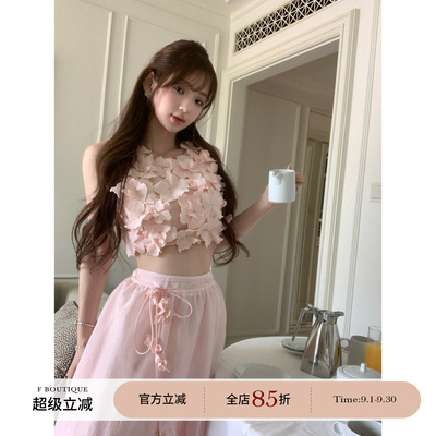 F boutique「甜醺」重工46朵立体刺绣手工花朵亚麻背心+系带半裙
