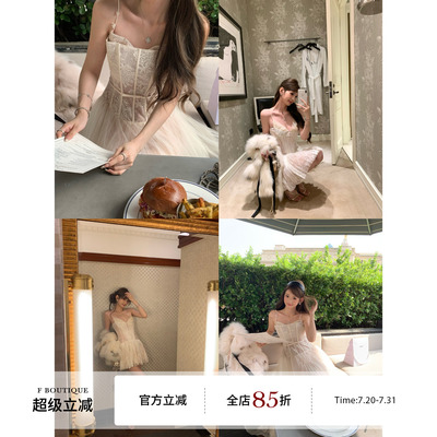 F boutique「现货」绝美自线 重工蕾丝鱼骨网纱生日连衣长裙+短裙