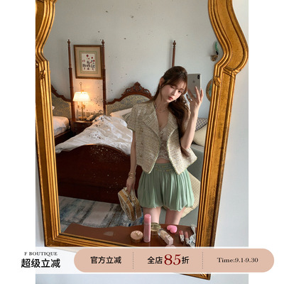 F boutique「小香26c」yb面料开发金属浅绿细闪金扣花边短袖外套