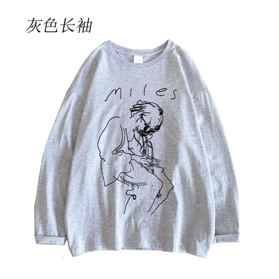 miles davis爵士音乐jazz摇滚趣味手绘印花文艺风男女灰色长袖T恤