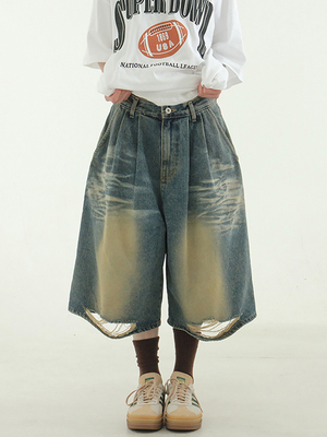 Localmansion韩代破边牛仔半腿裤