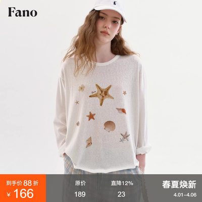 范洛Fano 海洋度假风休闲长袖T恤女2026春季新款印花落肩白色上衣