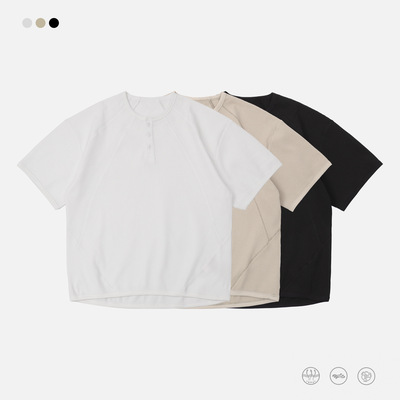 夏季轻薄亨利领华夫格闲短袖T恤