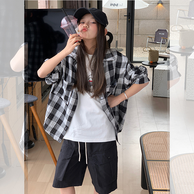 西西家女童夏季新款格子休闲衬衫