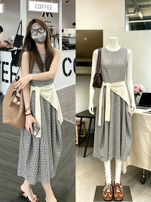 现货ELU独家格纹无袖连衣裙女夏季新款格子显瘦气质宽松休闲长裙