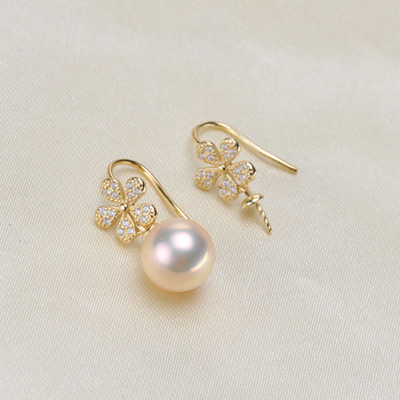 DIY珍珠配件 S925银耳环空托 k金工艺款耳钉空托 搭配7-9mm圆珠