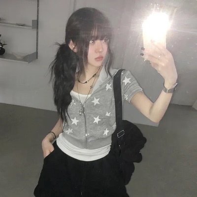 夏日小记 复古星星印花拉链连帽上衣 美式甜酷辣妹修身短袖开衫
