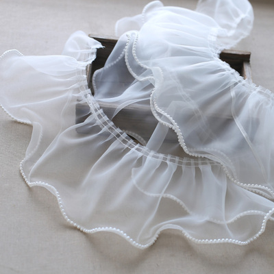 15CM宽欧根纱缩褶荷叶边镶珠链蕾丝裙摆布艺挺括花边衣服装饰边