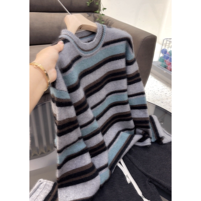 3722【圆领宽窄条纹毛衣】秋季新款女士针织衫上衣宽松外穿