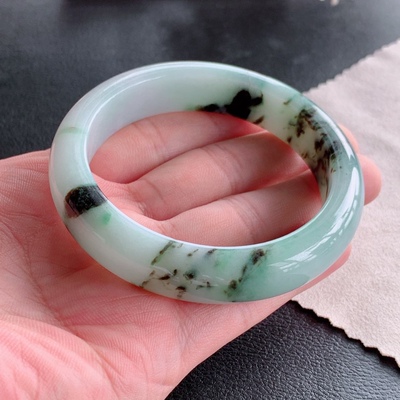 59圈天然翡翠手镯74.3时尚珠宝女款百搭飘黑花宽版轮胎翡翠玉镯子