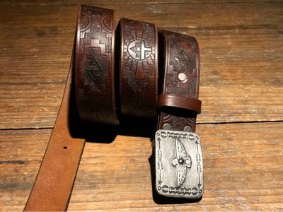 复古机车雕花皮带真皮腰带做旧