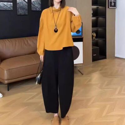 24701大爱美依缘2025新款法式圆领灯笼袖纯色衬衫时尚休闲裤女装