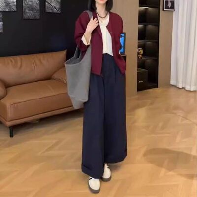 24806大爱美依缘2025秋季新韩版宽松长袖假两件上衣休闲阔腿裤女