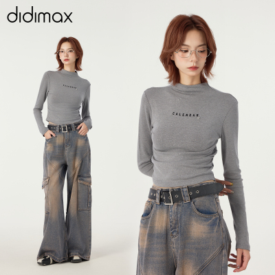 didimax冬季新款灰色半高领修身小衫 腰部褶皱长袖上衣女W45846