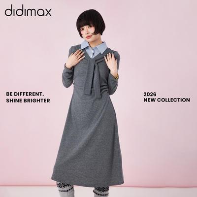 didimax春季新款灰色修身连衣裙 原创格子衬衫拼接假两件C77714