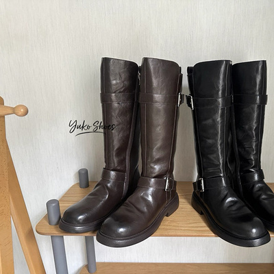 皮带扣骑士靴褶皱增高长靴加绒