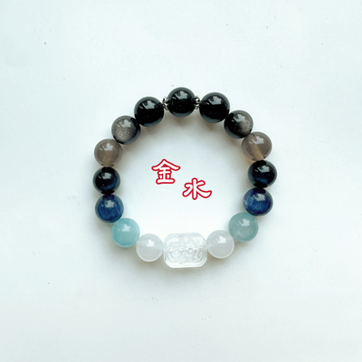 天然水晶喜缺补金水灰月光金曜石黑曜石白水晶蓝晶原创设计手串