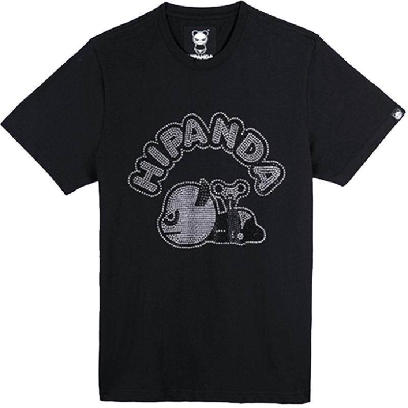 Hipanda你好熊猫T恤男款发条熊钻T烫钻圆领宽松短T设计潮牌_虎窝淘