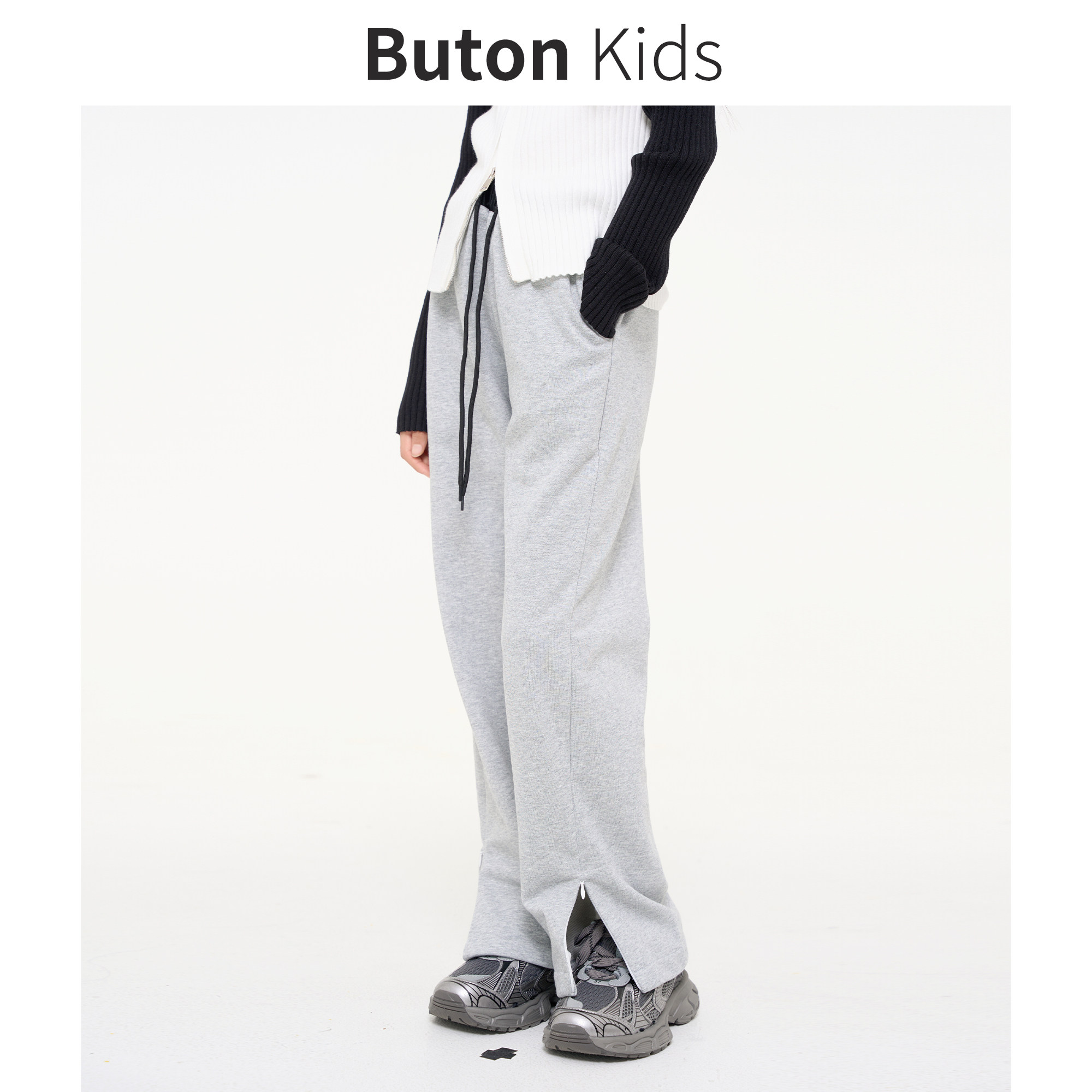 闭店清仓 Buton 女童皮腰头拼接灰色卫裤 脚口拉链开衩休闲裤