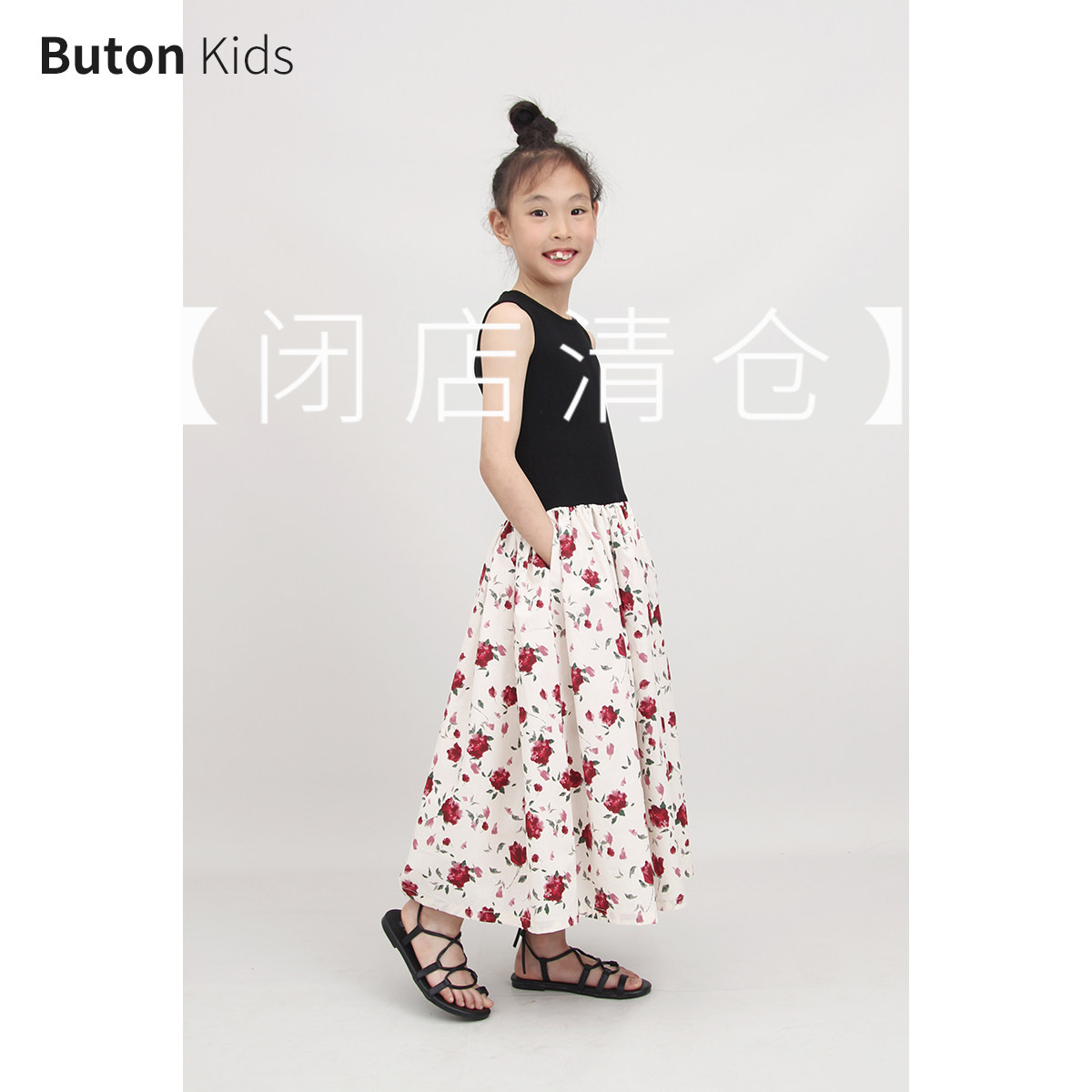 闭店清仓女童玫瑰拼接无袖连衣裙夏季新款气质度假背心裙亲子装