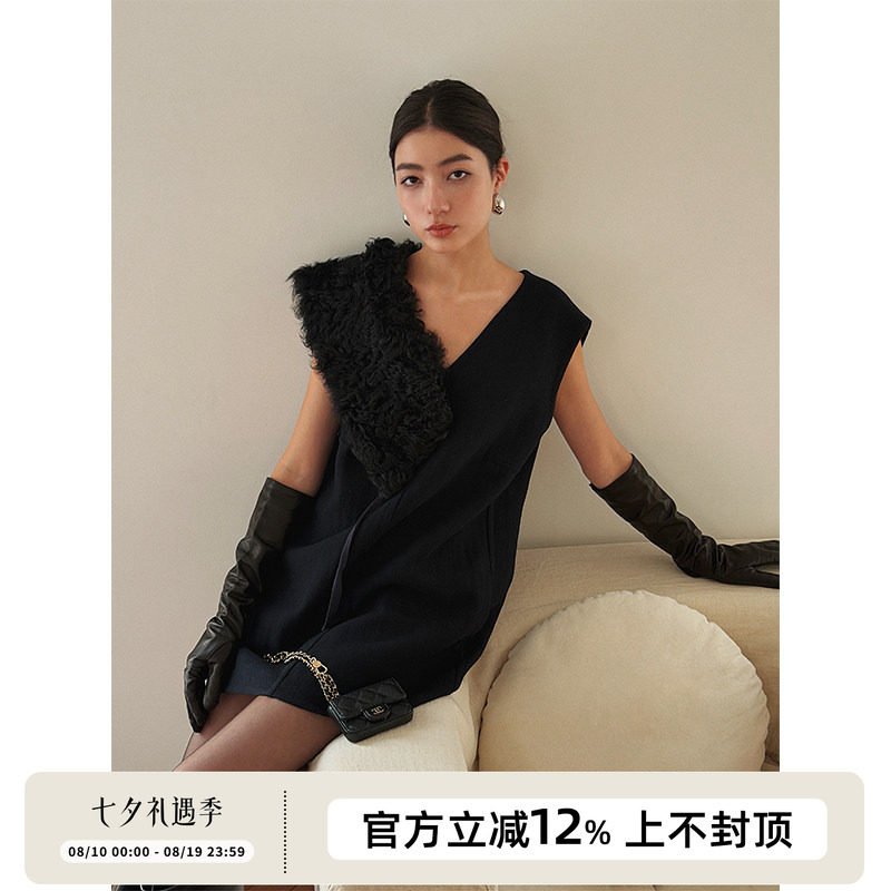 SOTHEA 简奢风羊毛双面呢双V领复古优雅气质毛呢背心呢子连衣裙