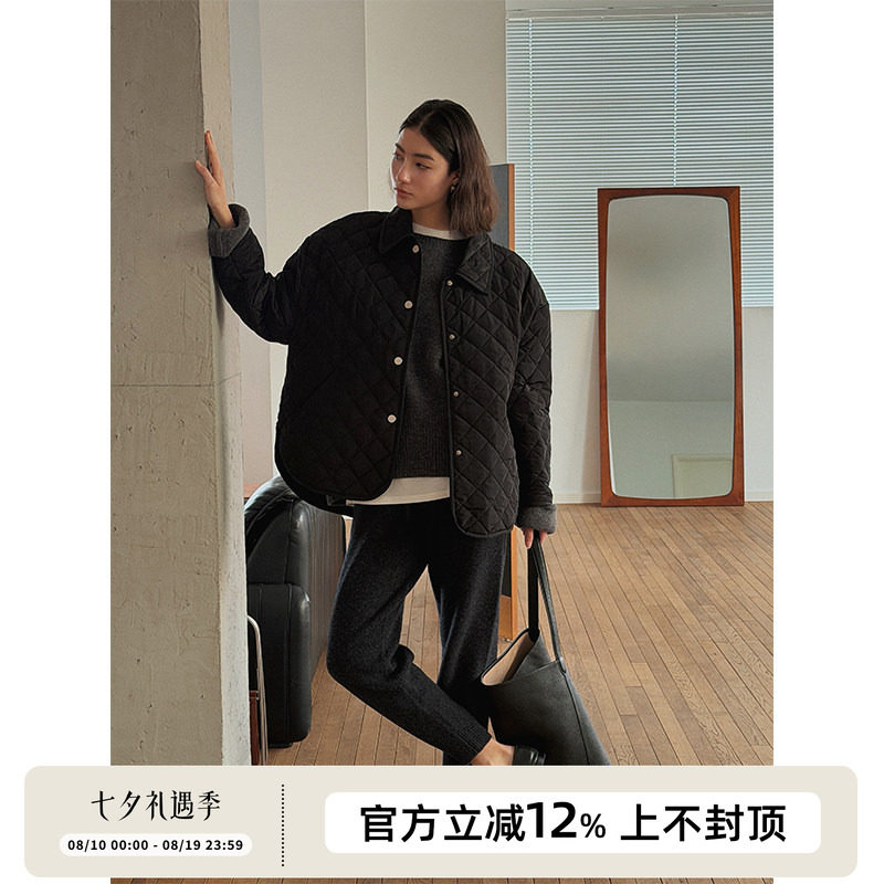 SOTHEA 简奢风菱形格绗棉小方领廓形复古棉服棉袄冬季新款短外套