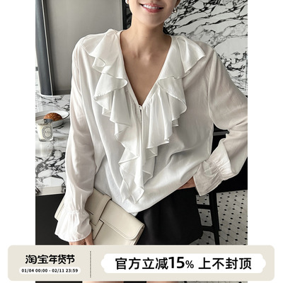 法式复古款长袖V领荷叶边衬衫