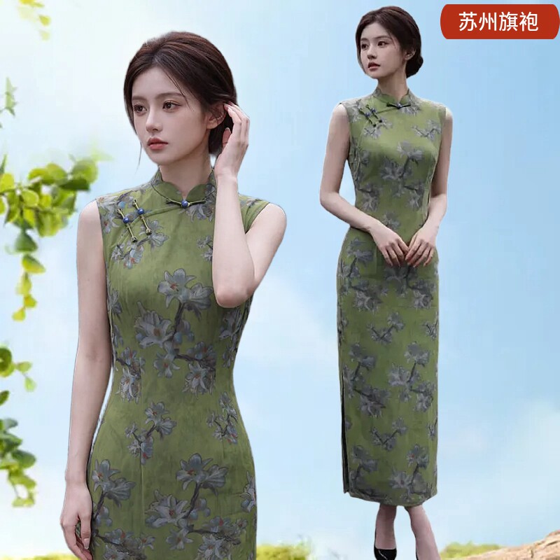 中国风网纱印花长款无袖少女宴会礼服日常上班OL苏州旗袍2026新款