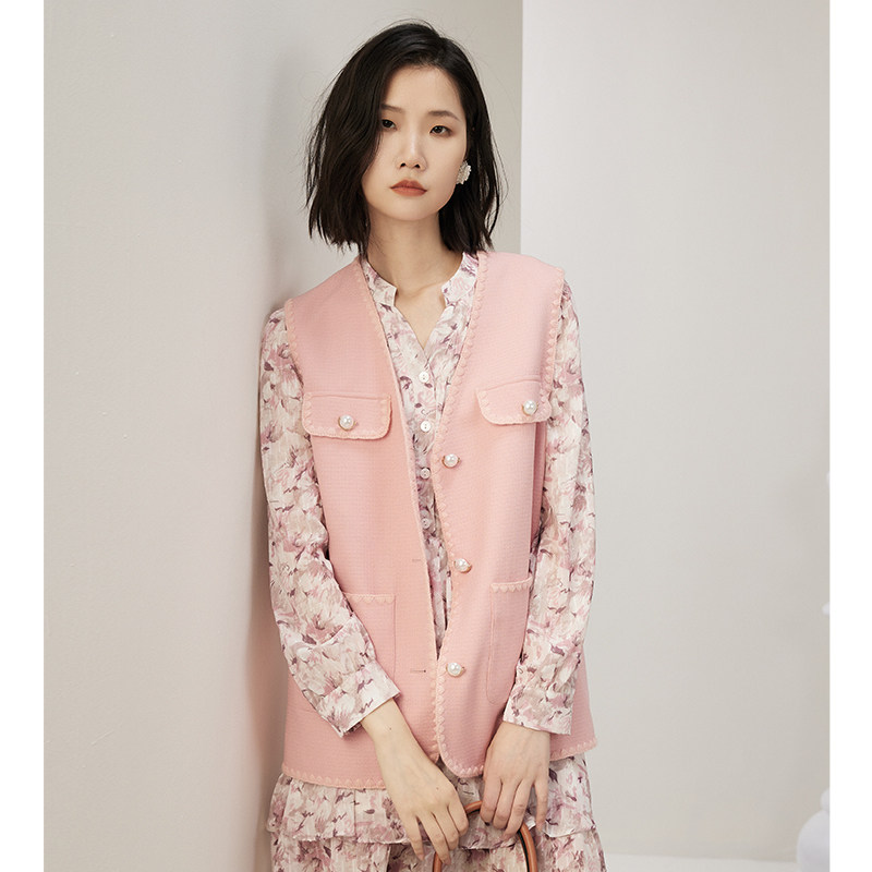 梵凯女马甲2024秋小香风长款粗花呢马甲V领宽松甜美气质马甲背心