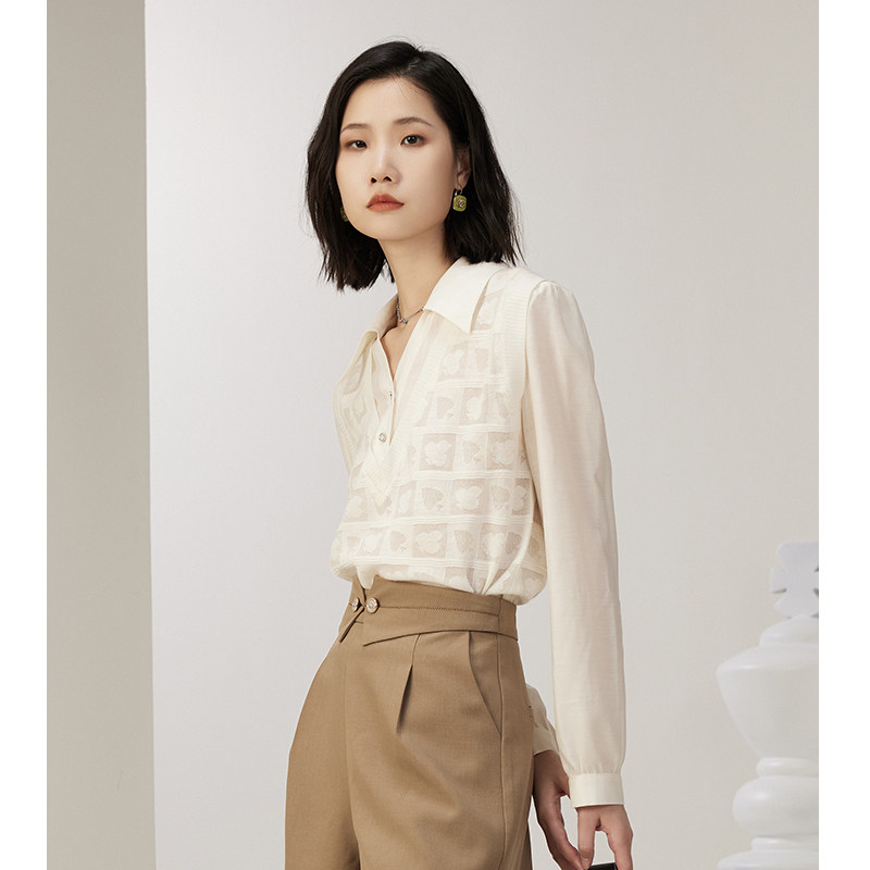 梵凯毛织衫衬衫女2024秋新款莱赛尔假两件V领时尚轻薄毛织衬衫