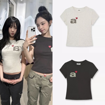 现货韩国设计师品牌AEAE韩版字母爱心印花100%棉百搭休闲短袖T恤