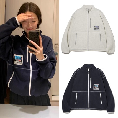 韩国小众品牌teket复古拼接明线设计摇粒绒立领拉链保暖外套新款