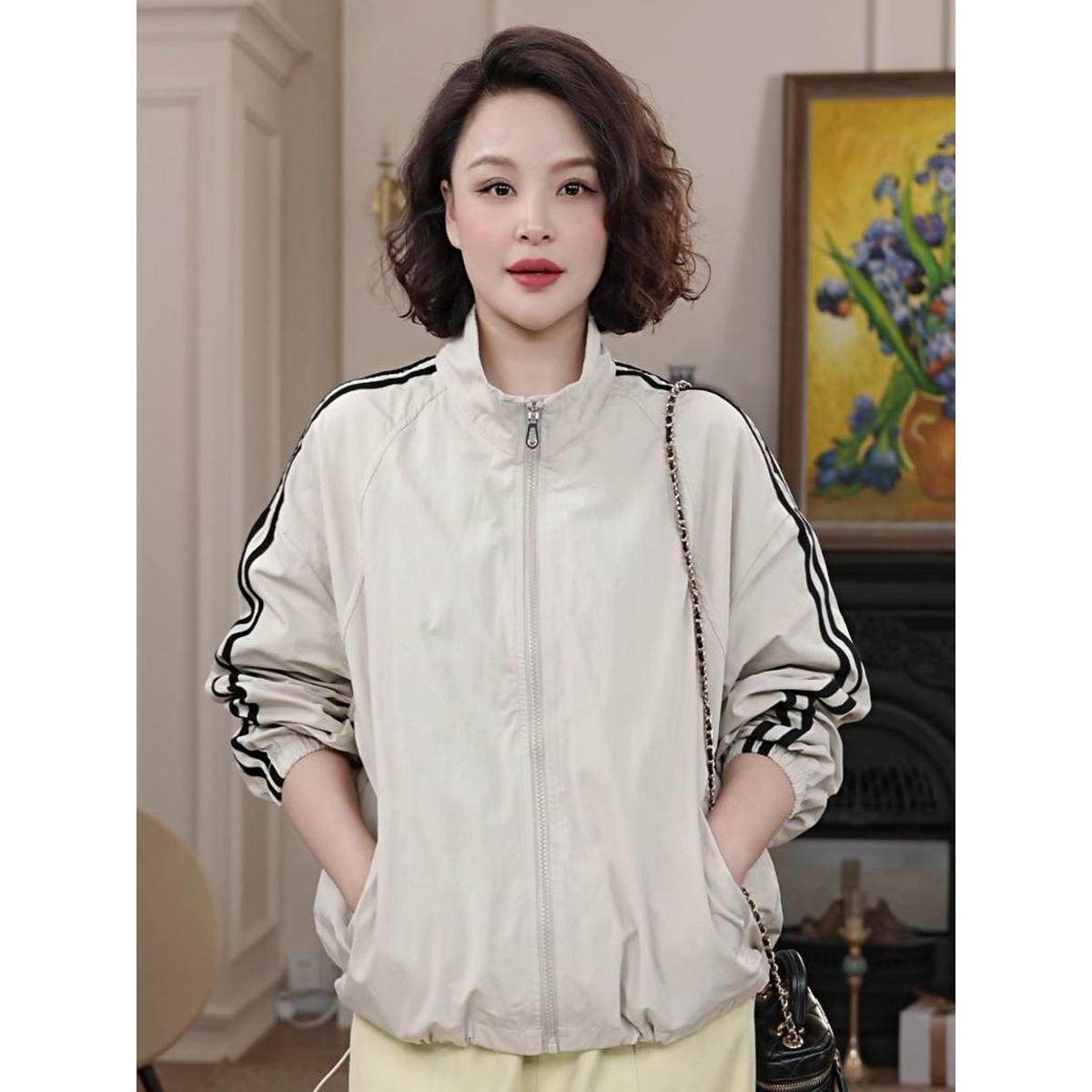 时尚休闲百搭短外套女2025春夏新款韩版条纹宽松立领夹克上衣