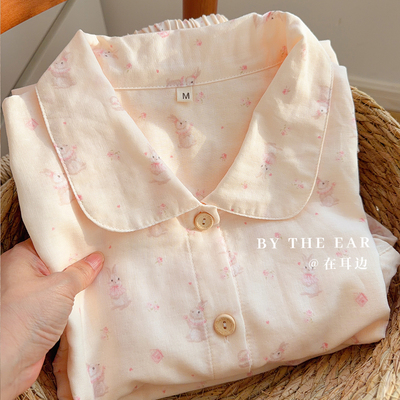 日系小兔纯棉双层纱睡衣套装女