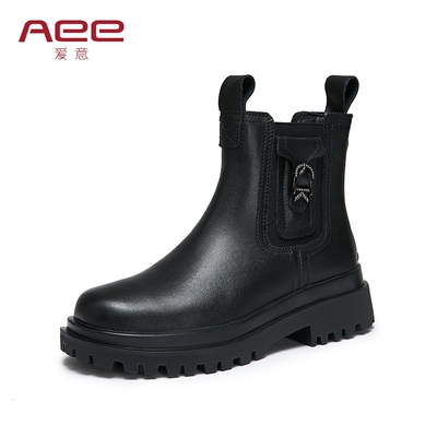 2024秋冬牛皮短靴女靴子4121505008Aee/爱意低跟圆头马丁靴后拉链