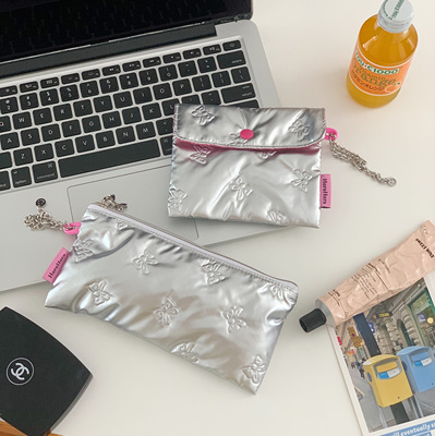 haruharu 自制韩系银色绗缝收纳小包系列化妆包笔袋L包按扣包装