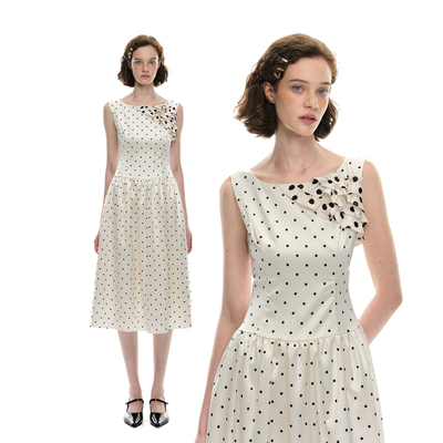 Romance Nanci波尔卡圆点无袖连衣裙缎面木耳花边设计收腰长裙
