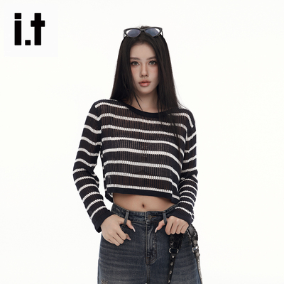 it:GROUNDZERO潮牌圆领套头T恤宽松条纹撞色复古it高街长袖秋冬季