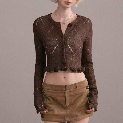 Mess Studio 辣妹设计感露腰上衣短款咖色菱格针织开衫毛衣女春秋