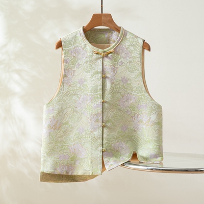 曲水荷花～真丝桑蚕丝宋锦对襟马甲圆领新中式国风女背心外穿上衣