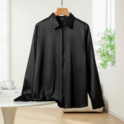 不过时～桑蚕丝弹力真丝素绉缎衬衫女上衣经典黑色长袖衬衣