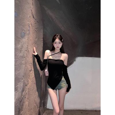 Lovedeath【日落香槟】韩系辣妹一字肩长袖上衣女+复古做旧牛仔裤