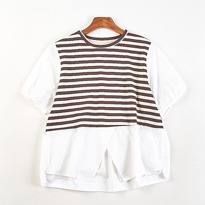 韩版复古条纹拼接短袖衬衫