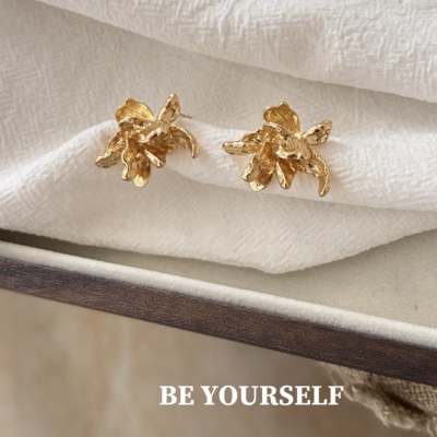 轻中古风鎏金花朵耳钉女925银针