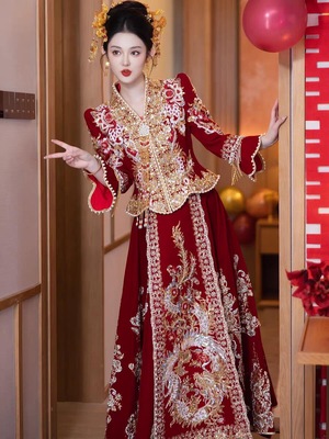 丝绒秀禾服2025新款新娘结婚礼服高端V领重工中式婚服敬酒出阁服