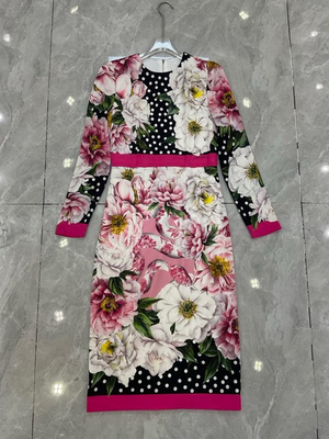 欧美女神D家款黑底波点牡丹19姆米弹力双乔真丝长袖连衣裙 高品质
