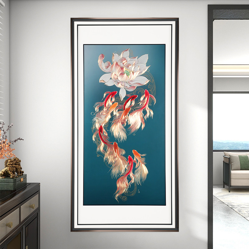 九鱼图入户玄关装饰画 画竖版铜雕画 画走廊过道加灯挂画 画2025